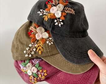 Hand Embroidered Hat, Floral Embroidered Denim Cap, Vintage Hat for ...
