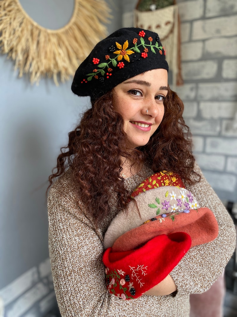Hand Embroidered 100% Wool Flower French Beret Custom - Etsy