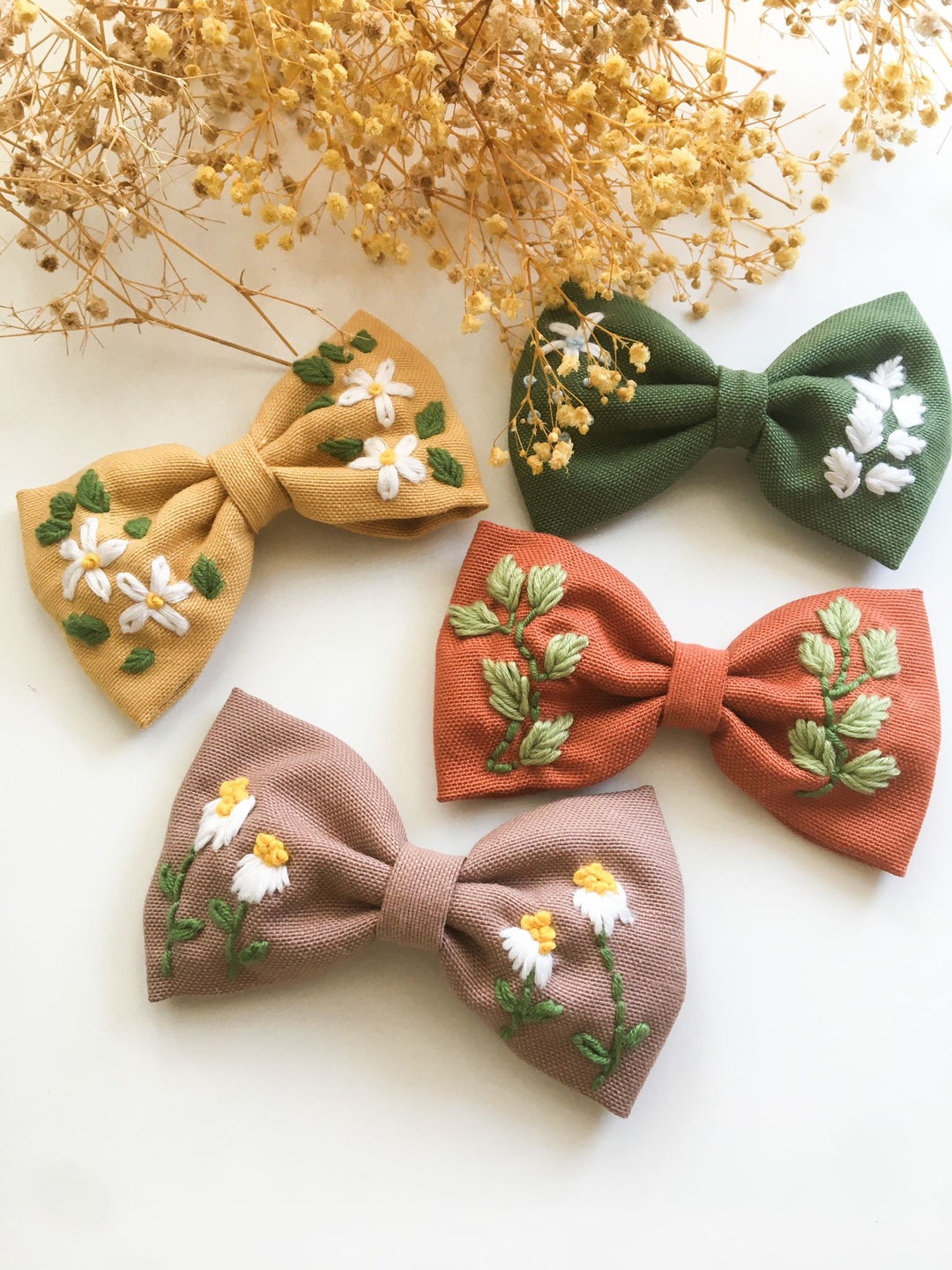 4-pack Embroidered Flowered Bow Set, Hand Embroidered Linen Bow ...