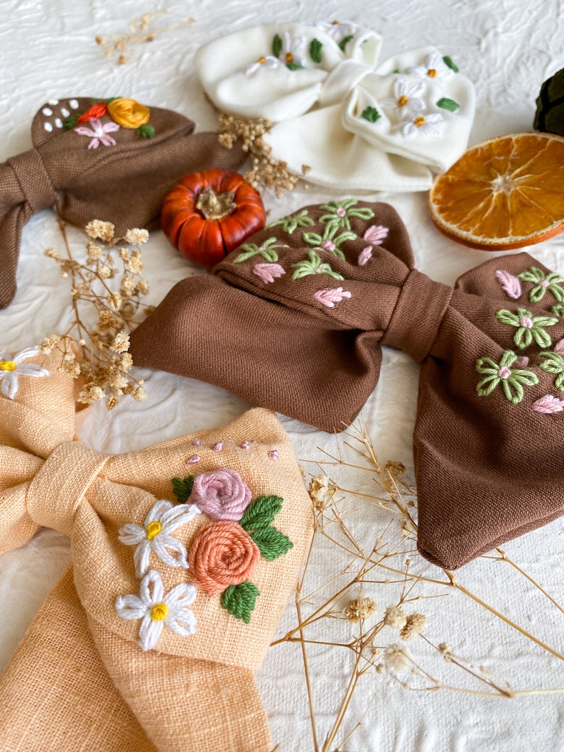 4-pack Embroidered Flowered Bow Set Hand Embroidered Linen - Etsy
