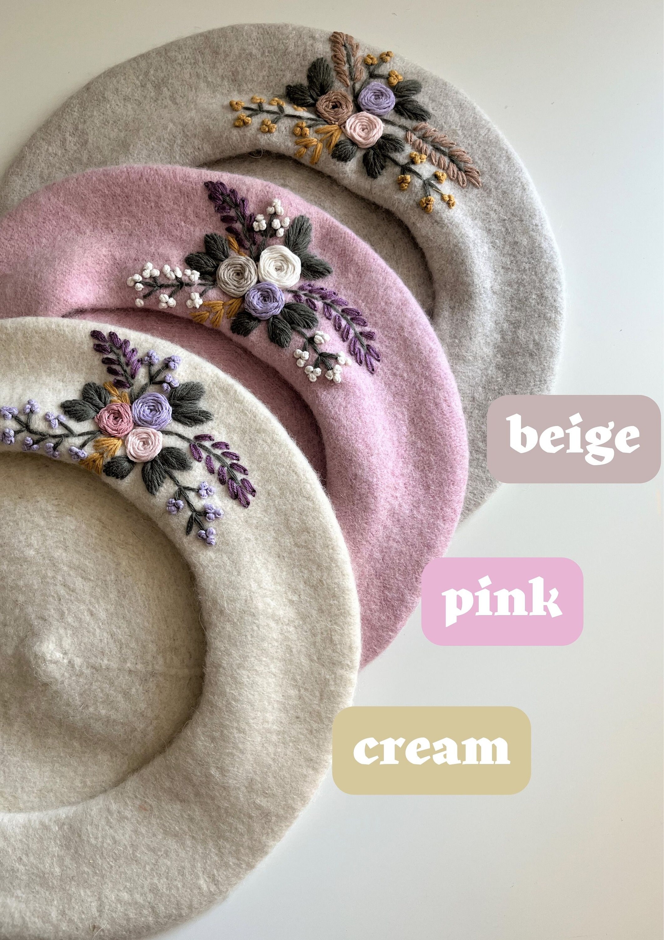 Hand Embroidered 100% Wool Flower French Beret, Winter French Cap ...