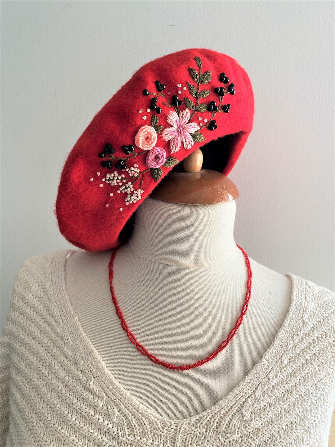 Embroidered Red French Beret 100% Wool French Cap - Etsy