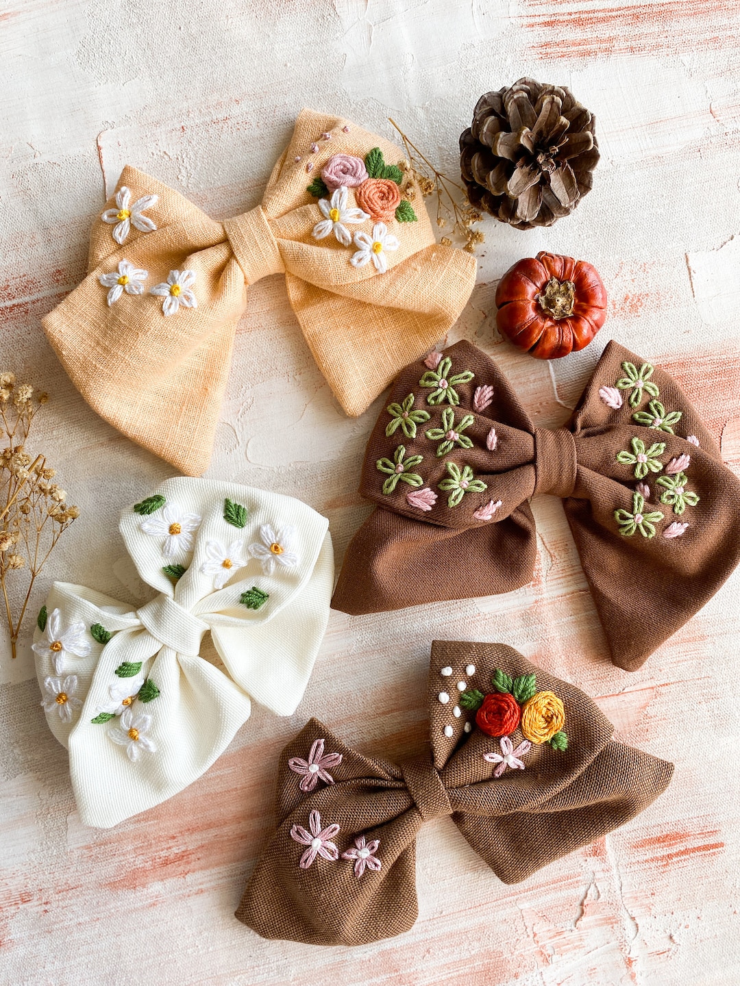 4-pack Embroidered Flowered Bow Set, Hand Embroidered Linen Bow ...