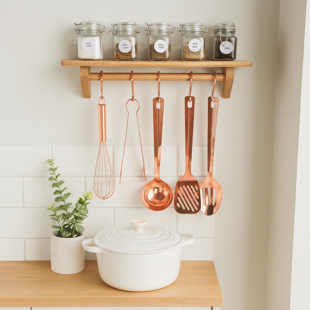 Kitchen Utensil Rail With Shelf, Wall Mounted in Oak - Etsy
