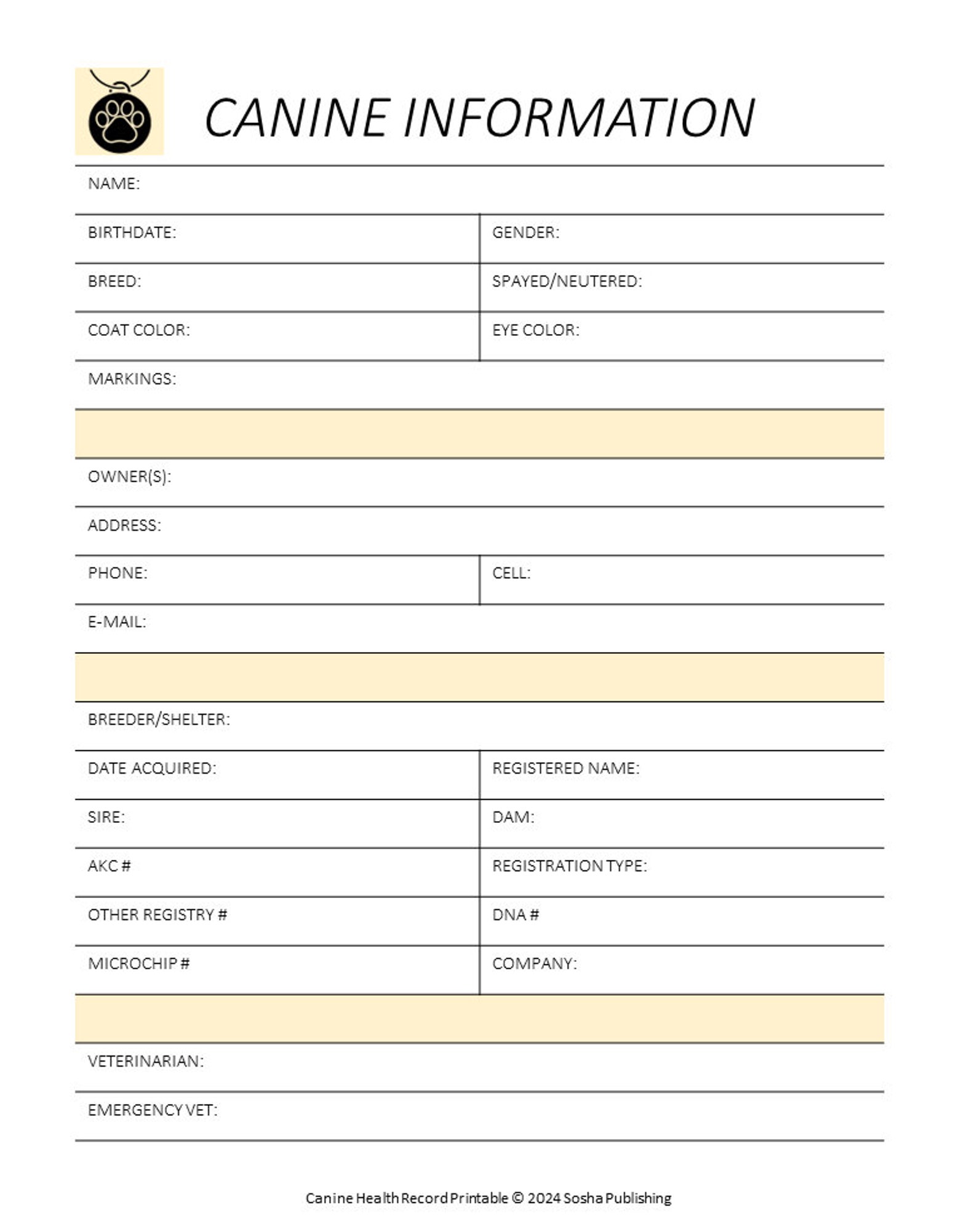Canine Health Record, Dog Health Record, Dog Vaccination Record, Pet ...