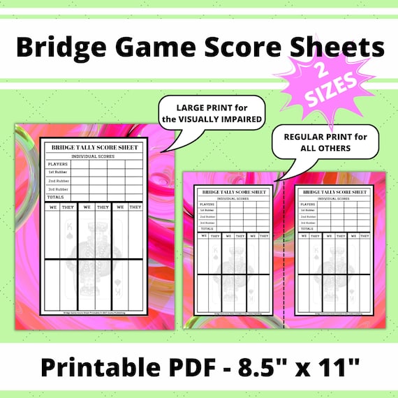 Bridge Game Score Sheets Printable Bridge Score Pad Bridge | Etsy
