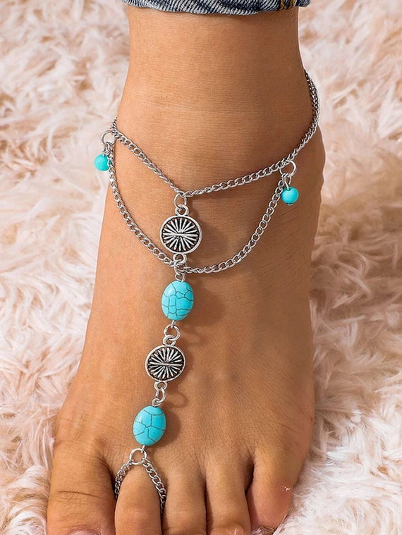 Turquoise Bead Detail Toe Ring Anklet Barefoot Sandal Anklet | Etsy