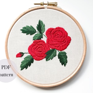 Red Rose Embroidery Pattern Rose Hoop Art Pattern, Satin Stitch ...