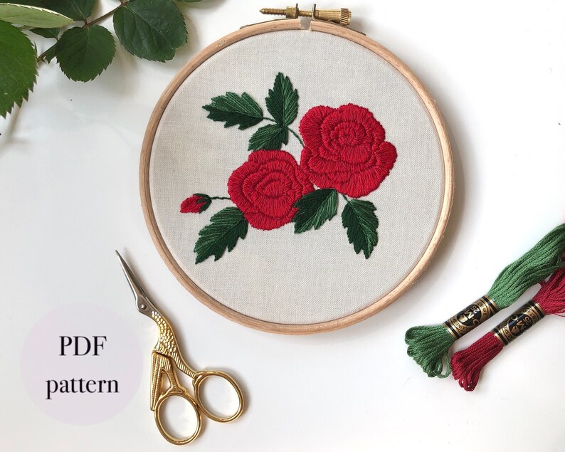 Red Rose Embroidery Pattern Rose Hoop Art Pattern, Satin Stitch ...