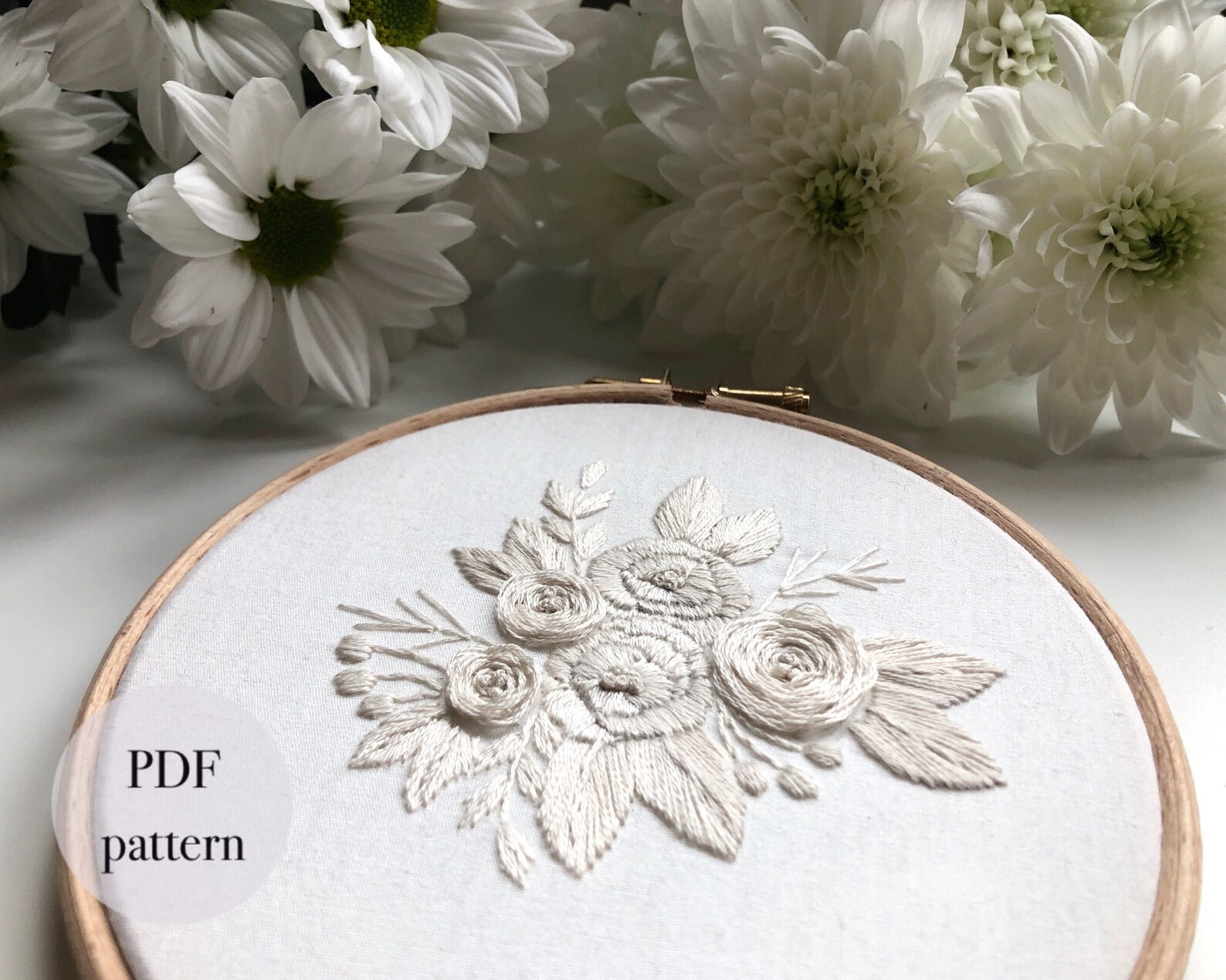 Whitework Floral Embroidery Pattern // Neutral Hand Embroidery Design ...