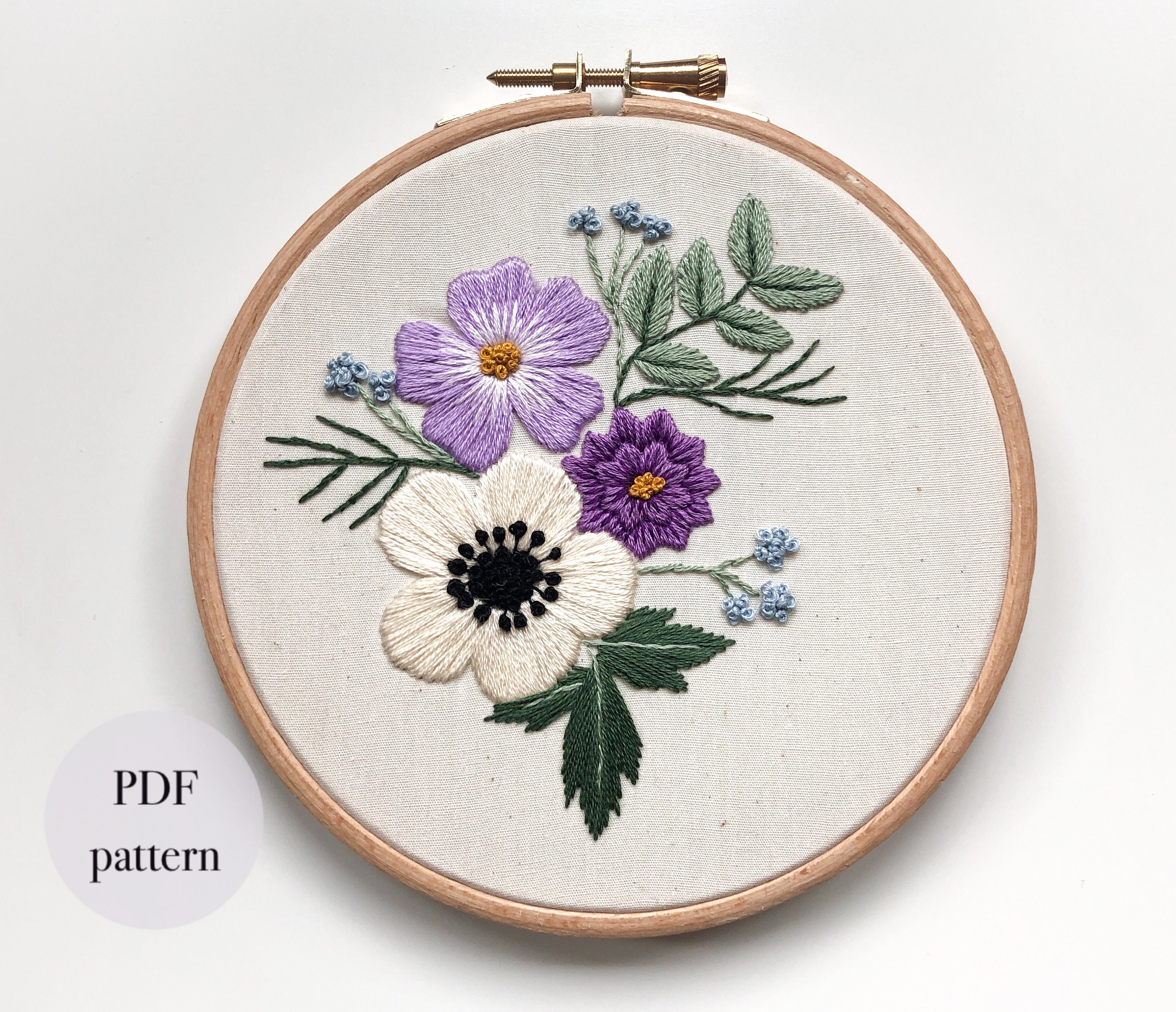 White Anemone Flower Hand Embroidery Pattern, Purple Floral and Wild ...