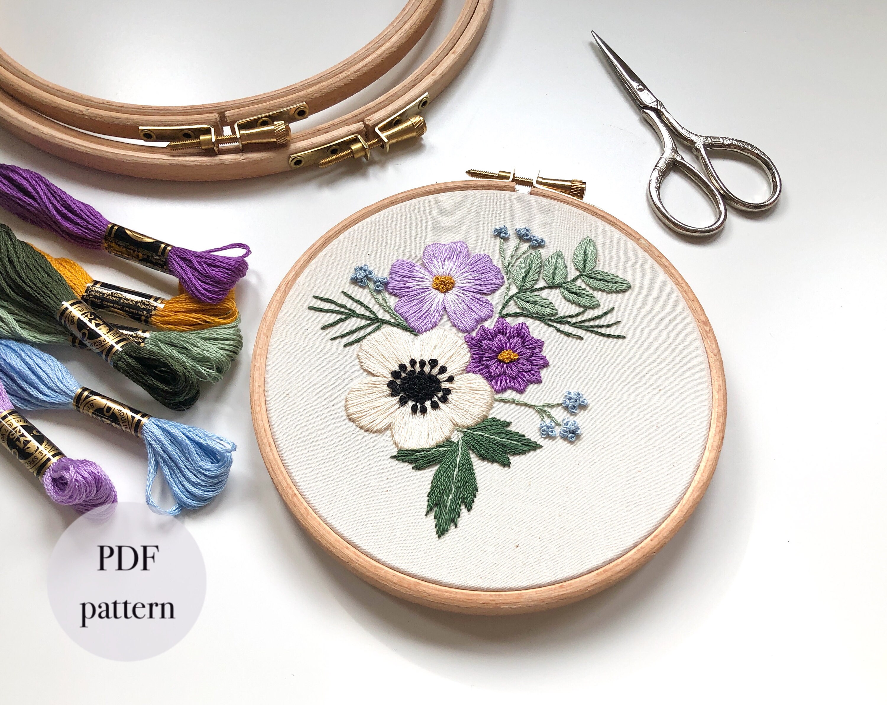 White Anemone Flower Hand Embroidery Pattern, Purple Floral and Wild ...