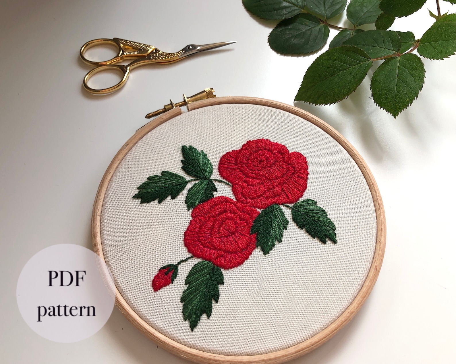 Red Rose Embroidery Pattern Rose Hoop Art Pattern, Satin Stitch ...