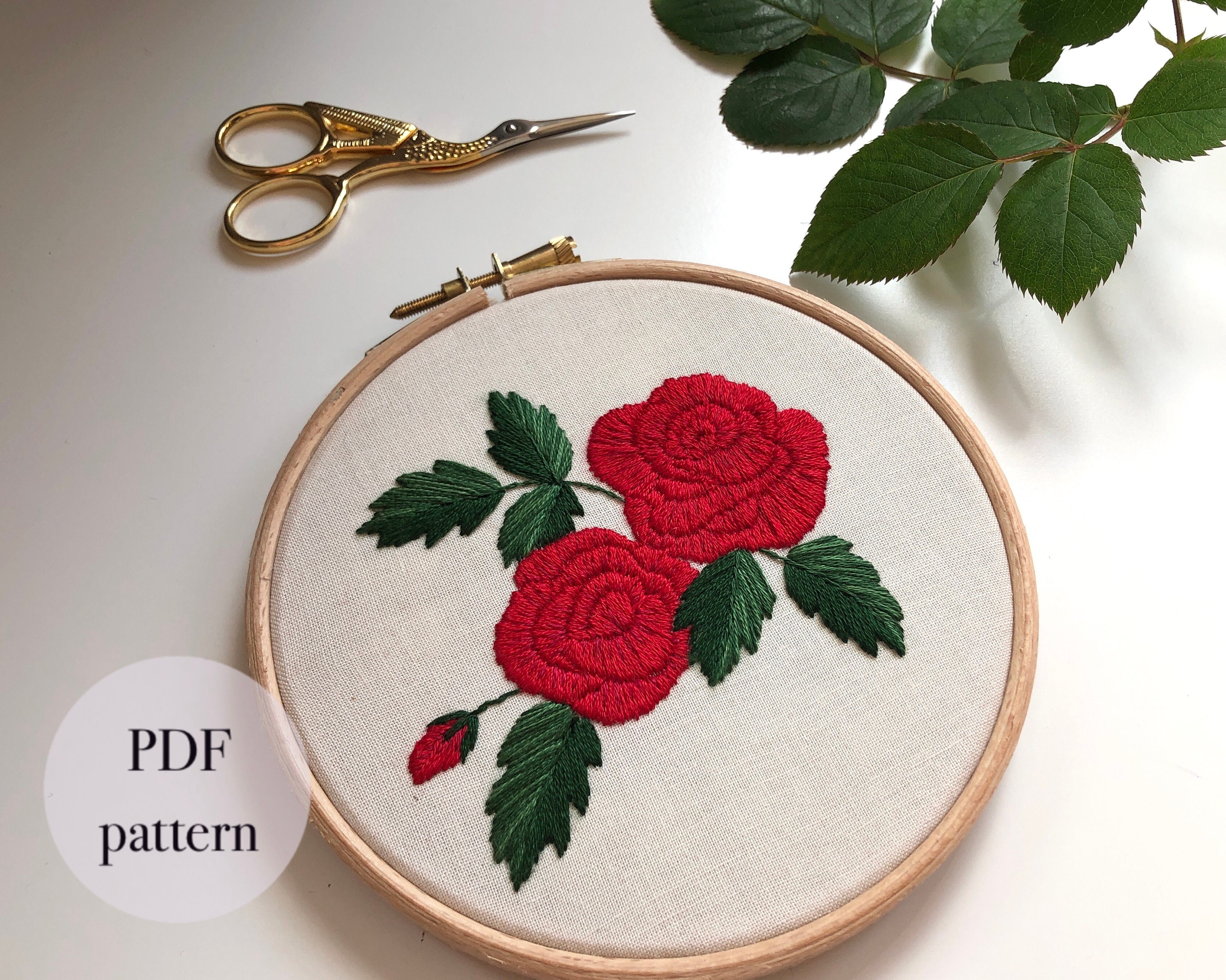 Red Rose Embroidery Pattern Rose Hoop Art Pattern, Satin Stitch ...