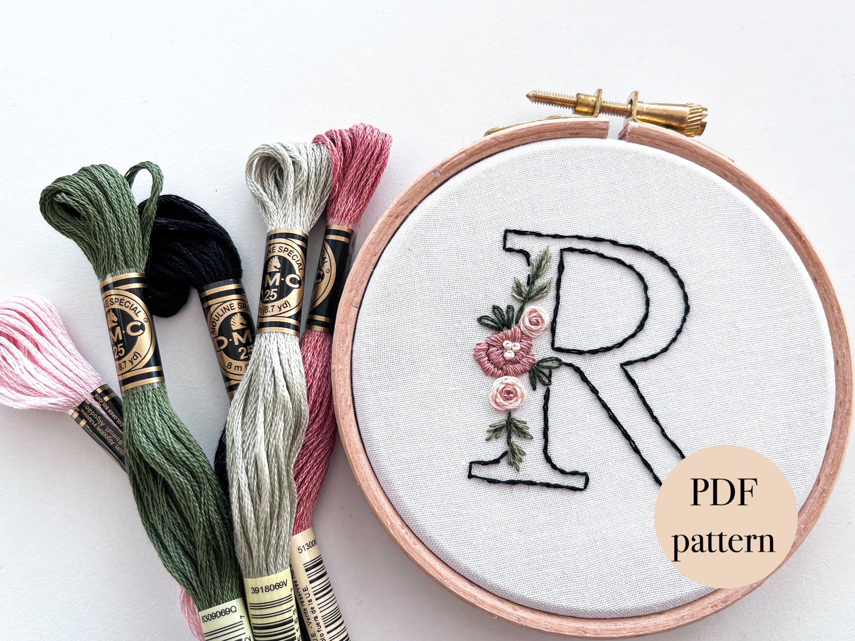 Floral Letter Hand Embroidery Pattern Initial Embroidery Design ...