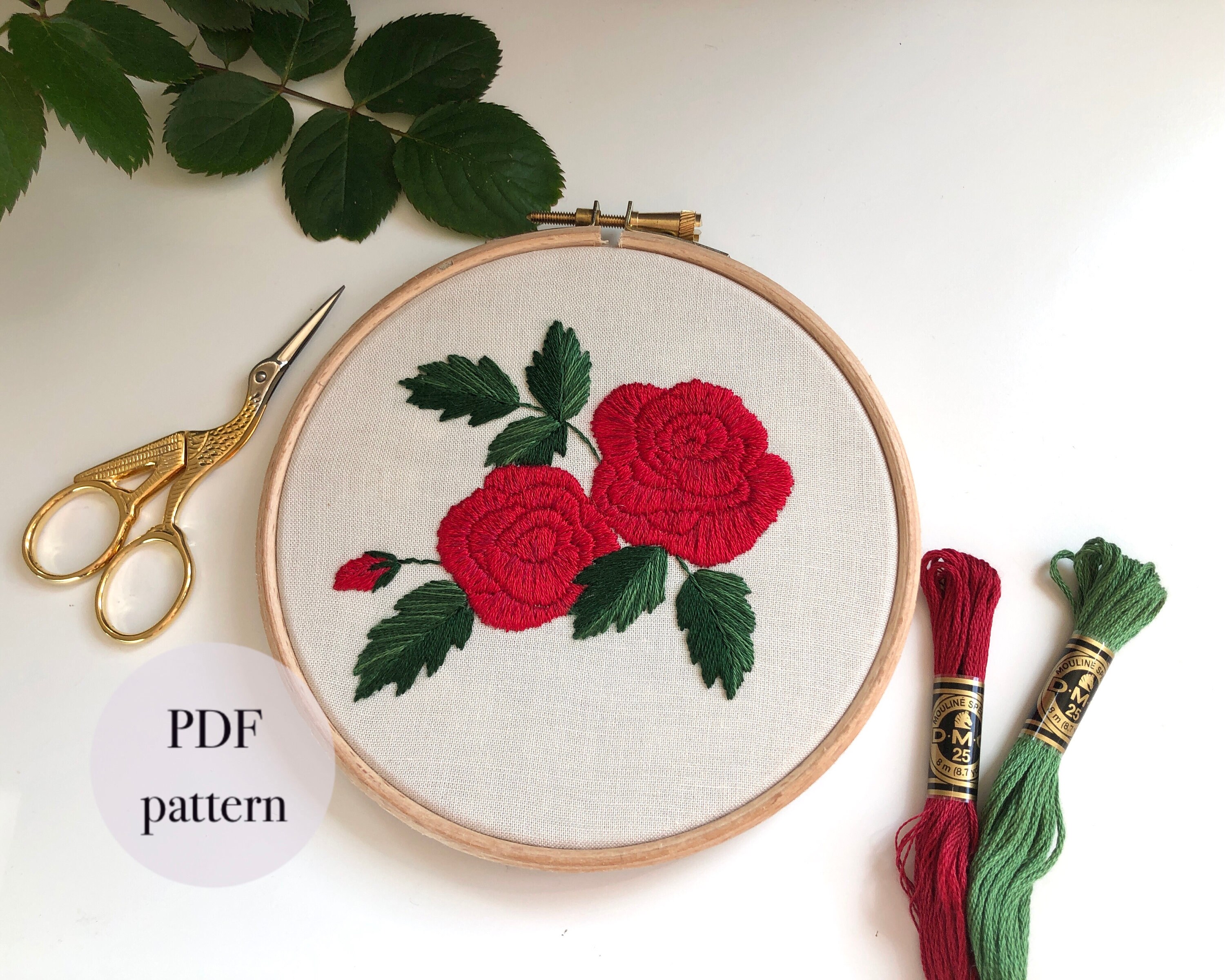 Red Rose Embroidery Pattern Rose Hoop Art Pattern, Satin Stitch ...