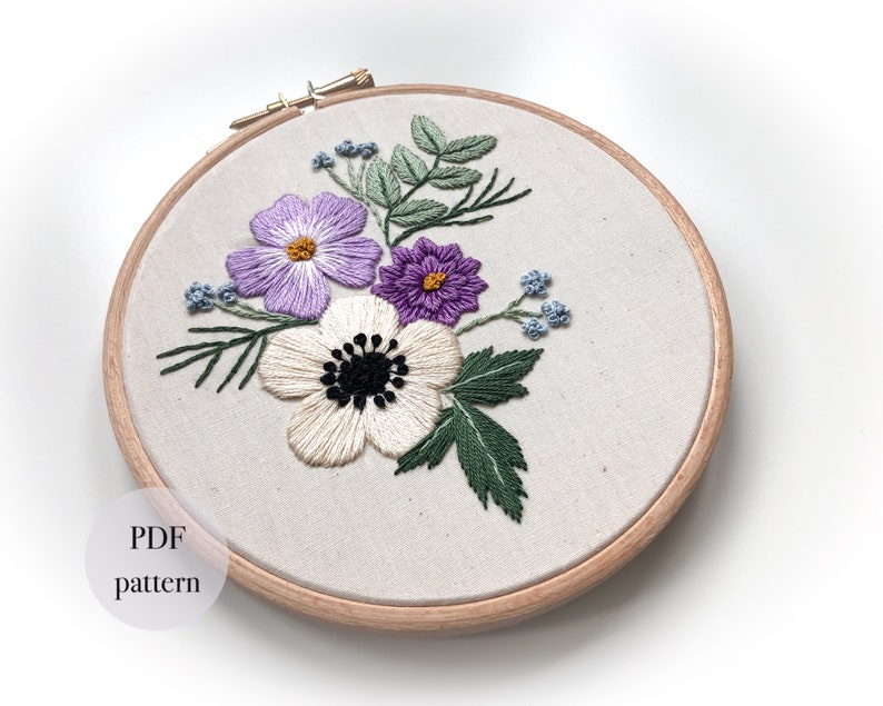 White Anemone Flower Hand Embroidery Pattern Purple Floral - Etsy