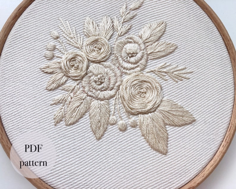 Whitework Floral Embroidery Pattern // Neutral Hand Embroidery Design ...