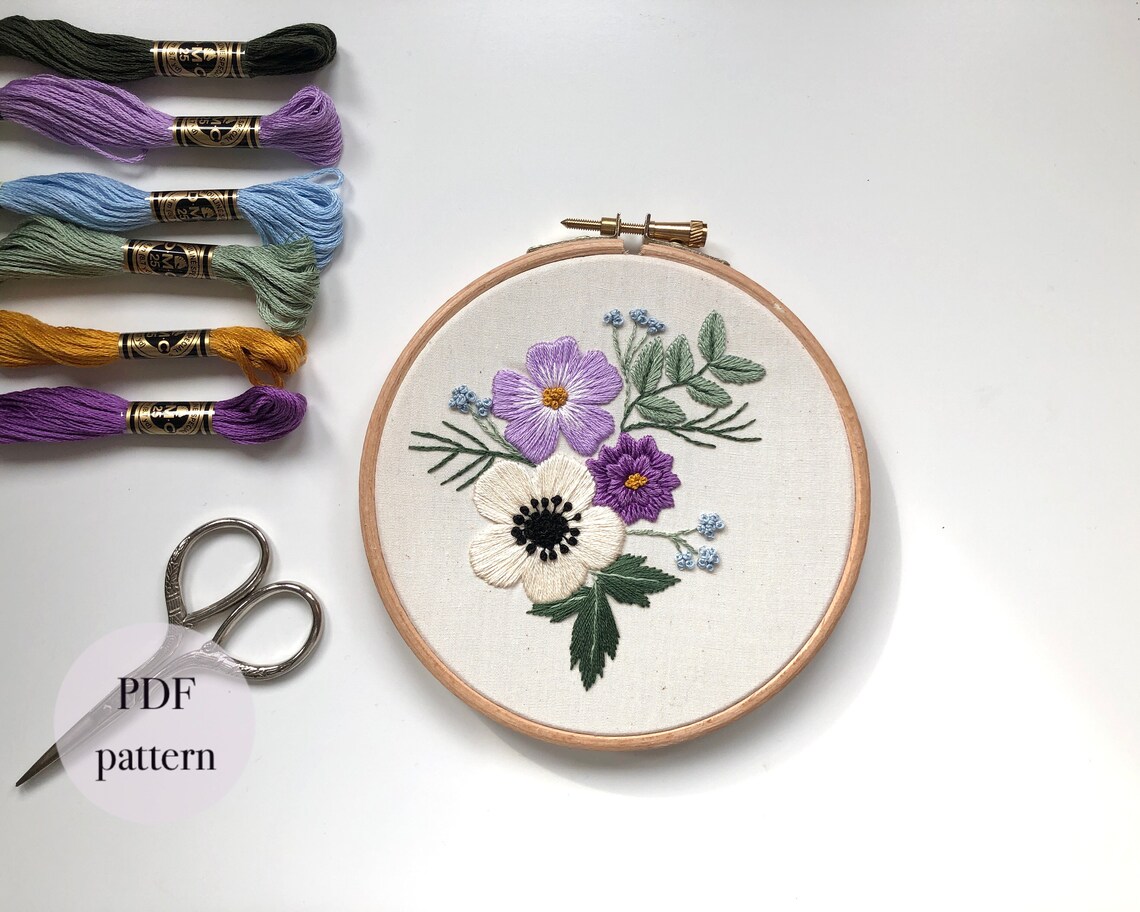 White Anemone Flower Hand Embroidery Pattern Purple Floral - Etsy