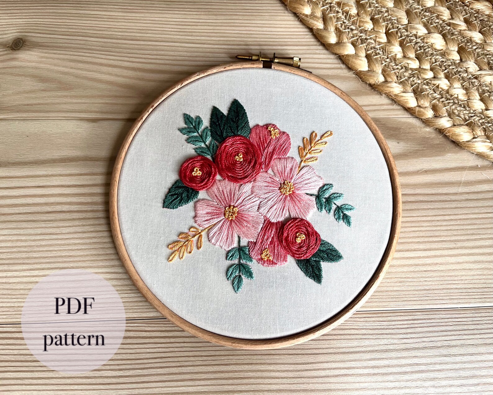 Embroidery Pattern Pdf // Embroidery Design Flower Pink Roses, Peony ...