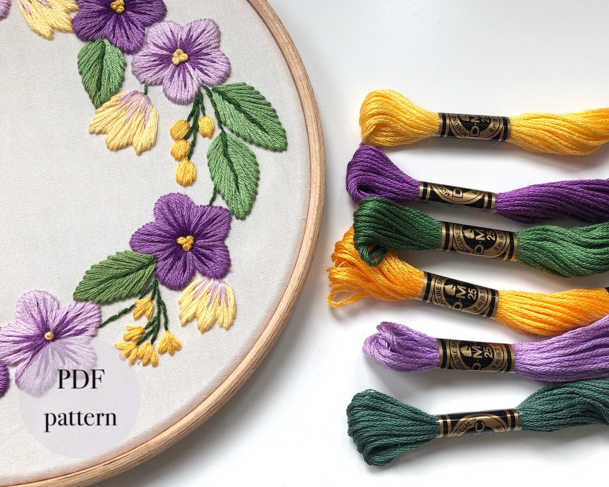 Purple Flowers Embroidery Pattern // Hand Embroidery Pdf Design, Spring ...