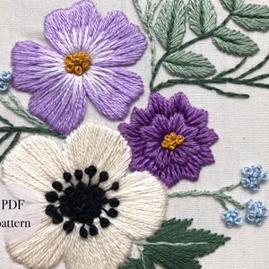 White Anemone Flower Hand Embroidery Pattern, Purple Floral and Wild ...