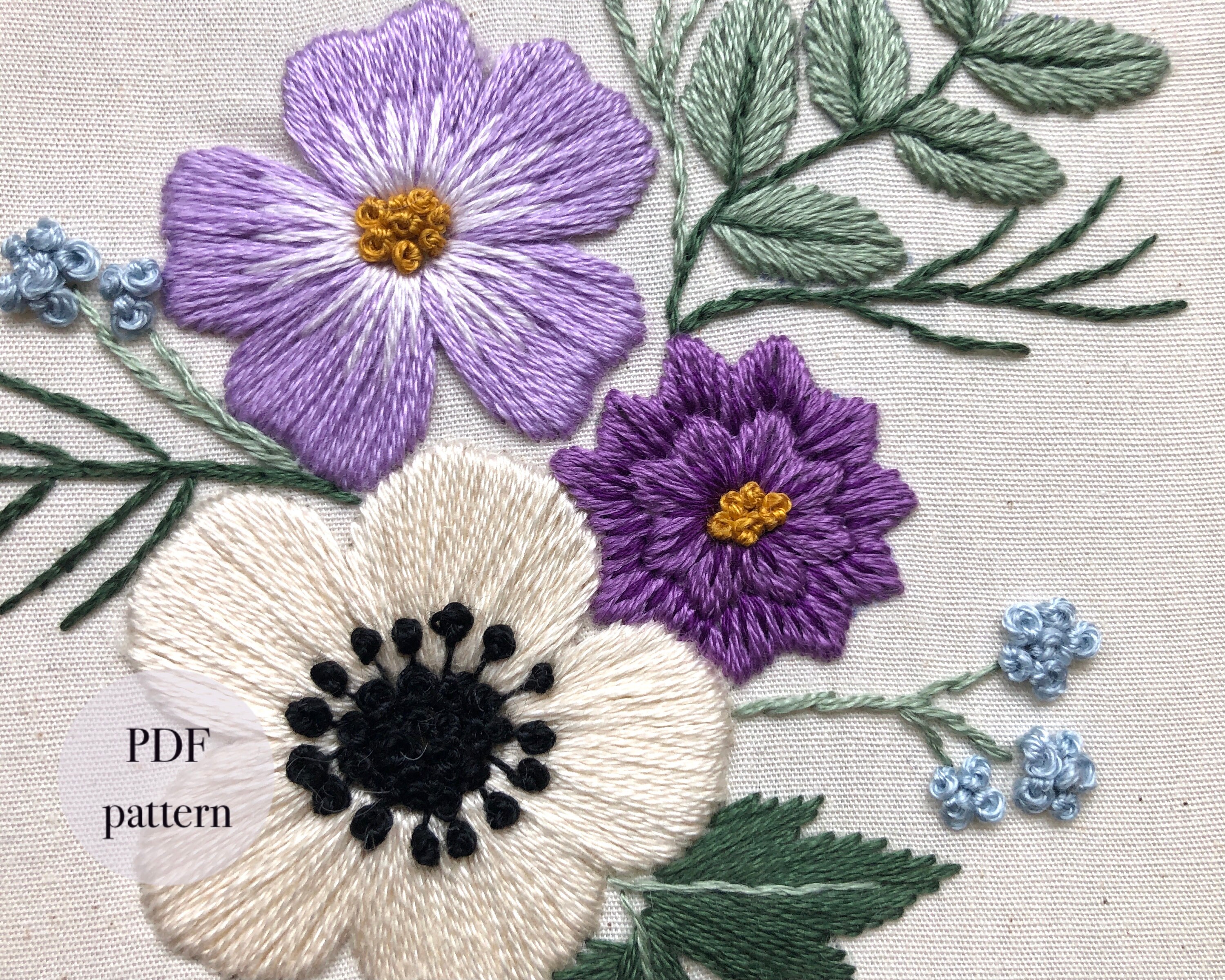 White Anemone Flower Hand Embroidery Pattern, Purple Floral and Wild ...