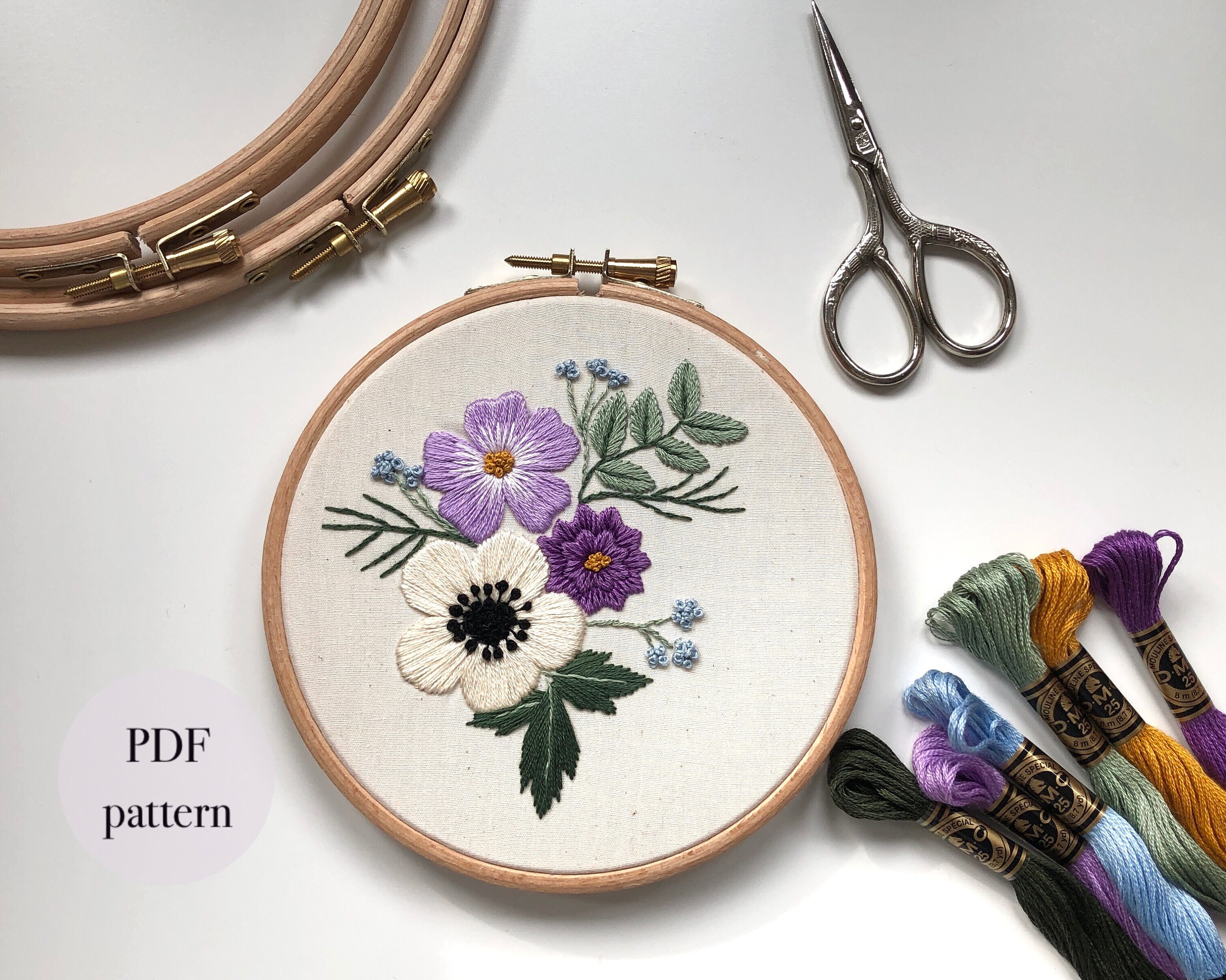 White Anemone Flower Hand Embroidery Pattern, Purple Floral and Wild ...