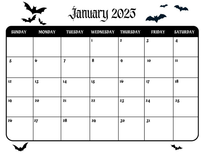 2025 Printable Monthly Calendar, Goth Theme, Gothic, Halloween, Horror ...