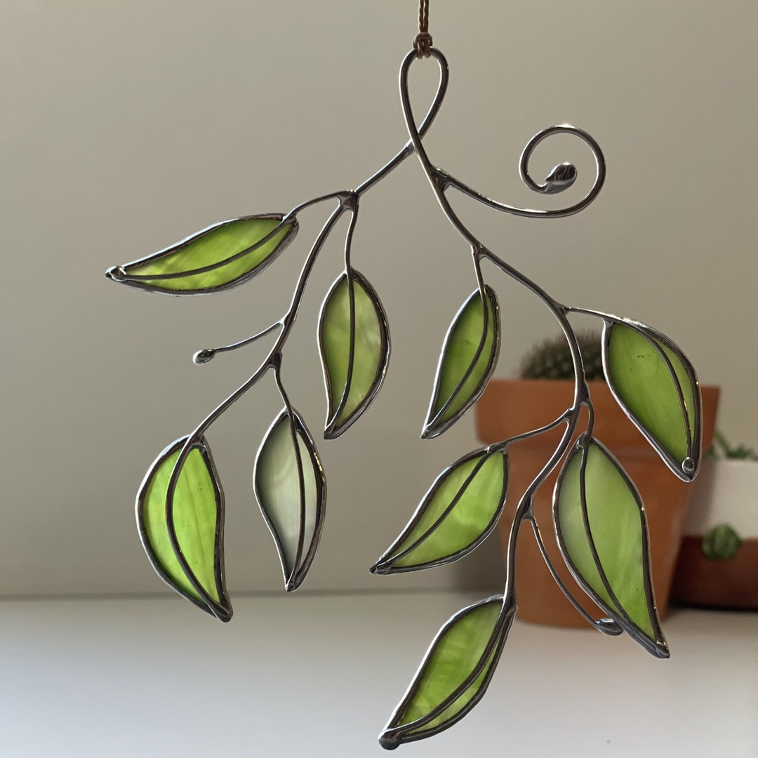 Window Hanging Leaves Plant Suncatcher Leaf Stained Glass Branch Nature ...