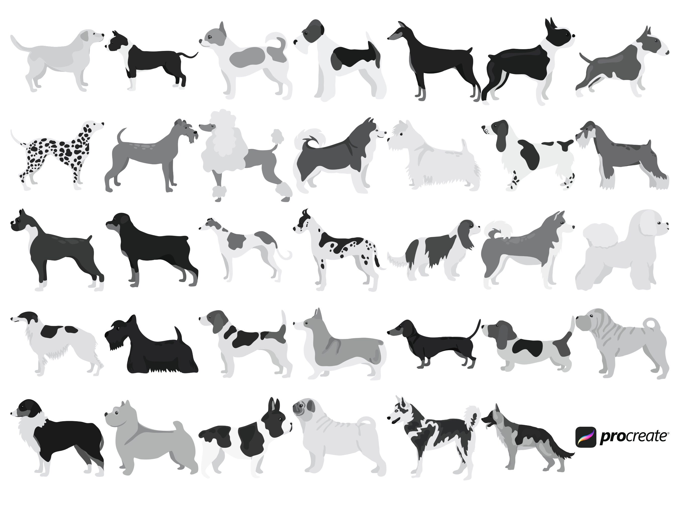 Cartoon Dogs Outlines and Silhouettes Set 8 Procreate Brush - Etsy