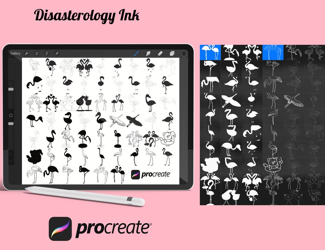 Cartoon Flamingo Outlines & Silhouettes Set 1 Procreate Brush Stamps ...