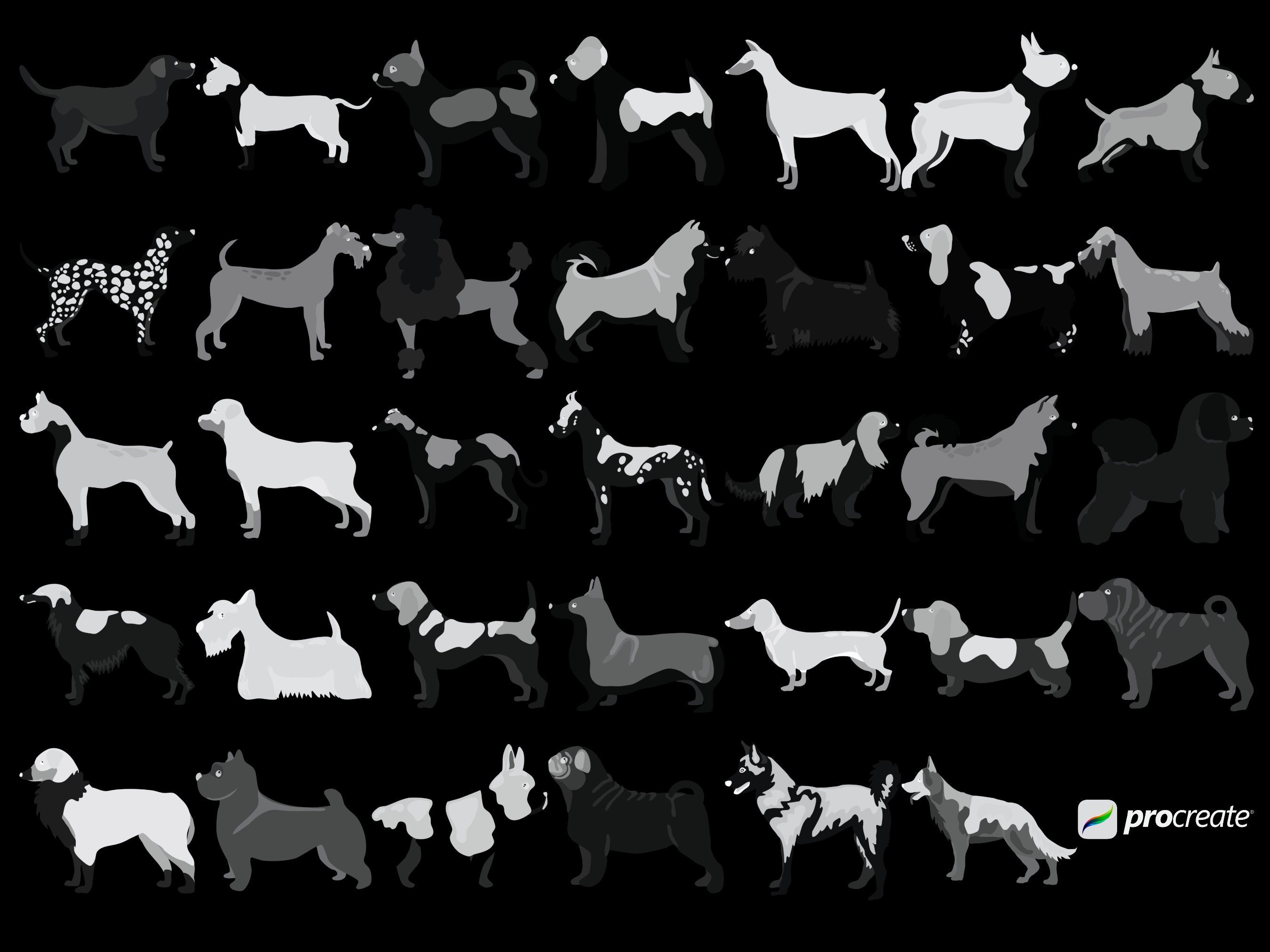 Cartoon Dogs Outlines and Silhouettes Set 8 Procreate Brush - Etsy
