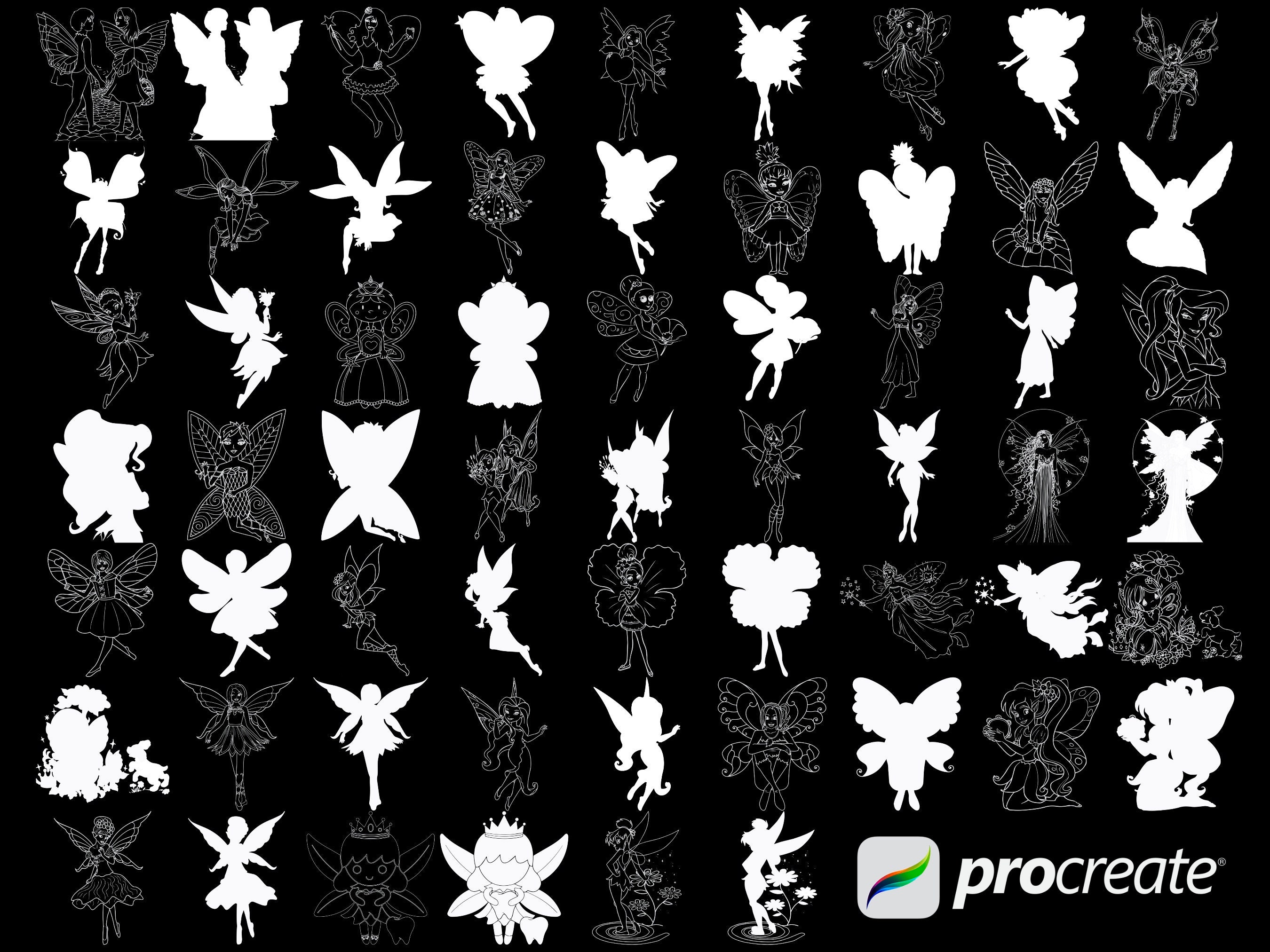 Cartoon Fairy Outlines & Silhouettes Set 2 Procreate Brush - Etsy
