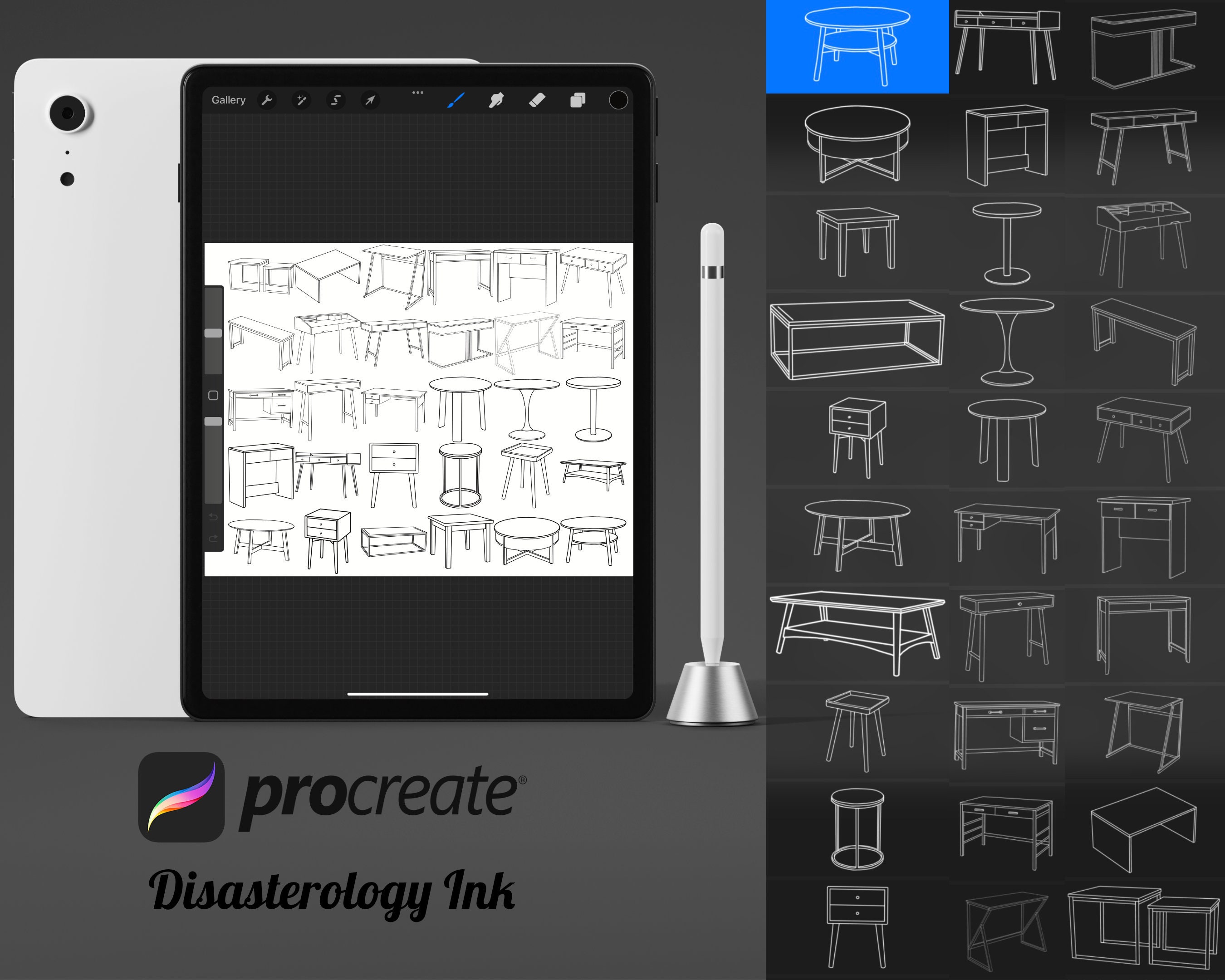 Desks, Tables & Furniture Set 1 Procreate Brush Stamps, 30 Furniture ...