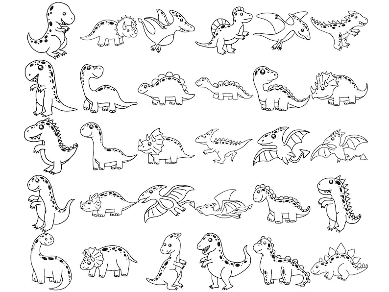 Cartoon Dinosaurs Outlines Set 1 Procreate Brush Stamps, 30 Dinosaur ...