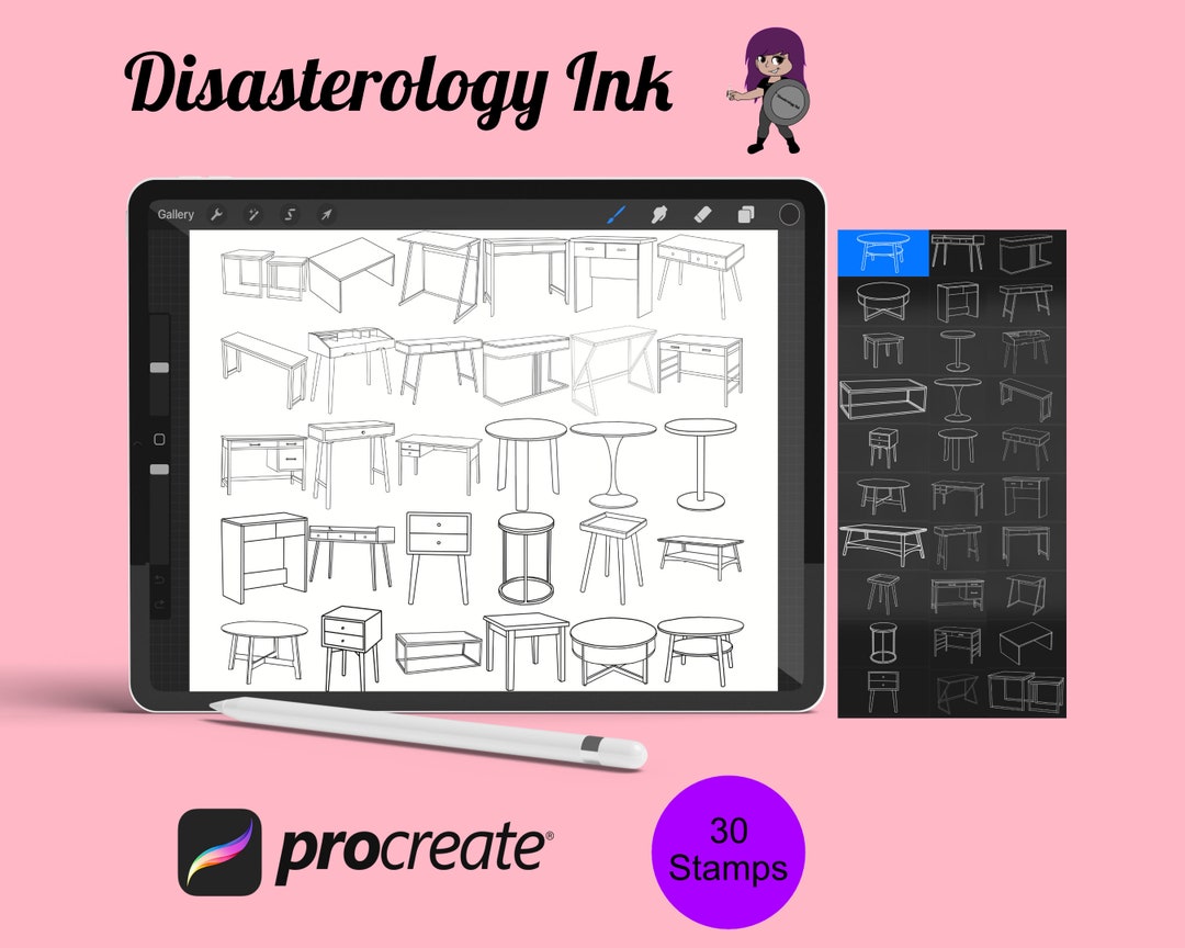 Desks, Tables & Furniture Set 1 Procreate Brush Stamps, 30 Furniture ...