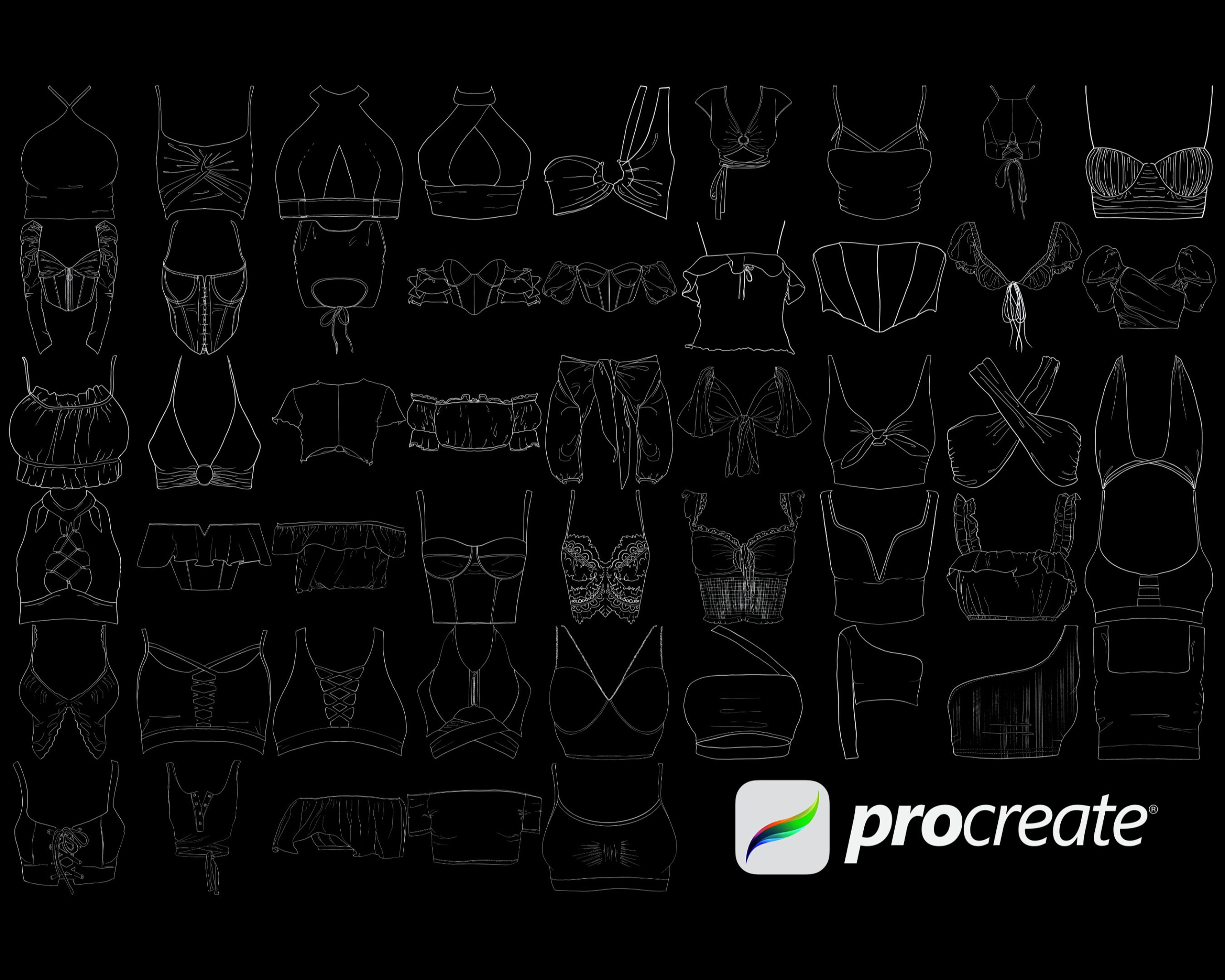 Tops Clothing Fashion Model Set 2 Procreate Brush Stamps, 50 Top Stamps ...