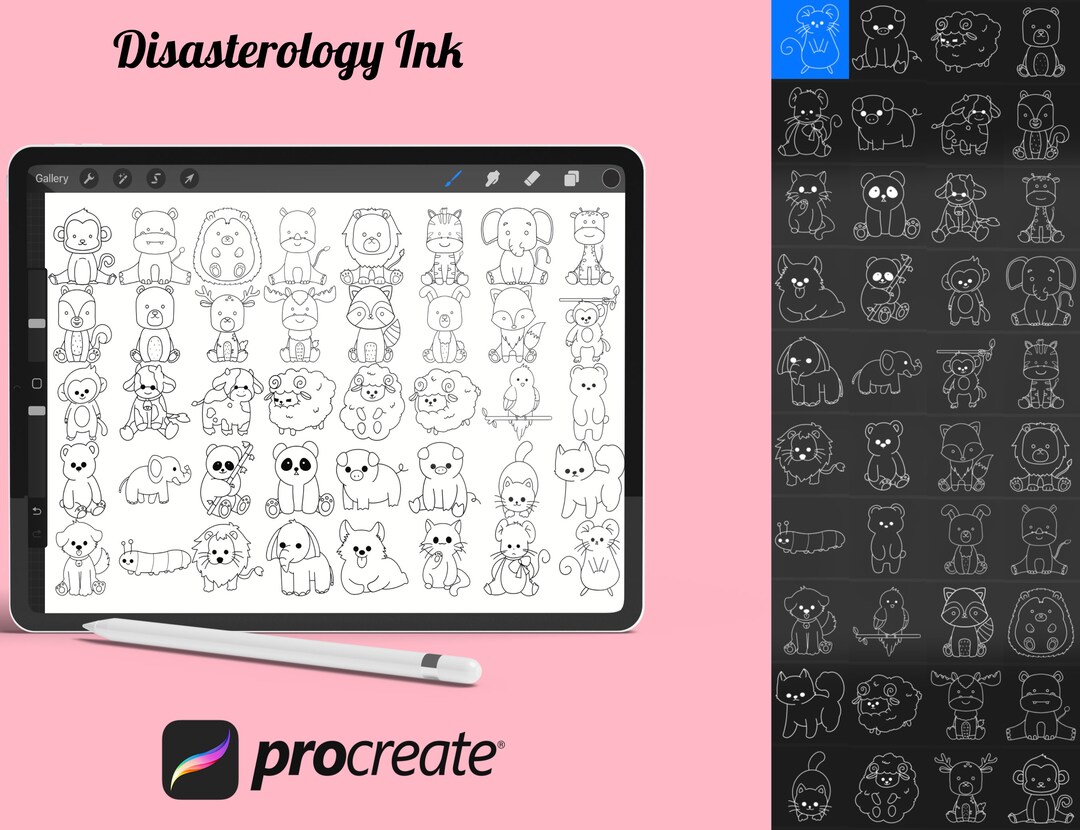Cartoon Animal Outline Procreate Brush Stamps Set 9, 40 Animal Outlines ...