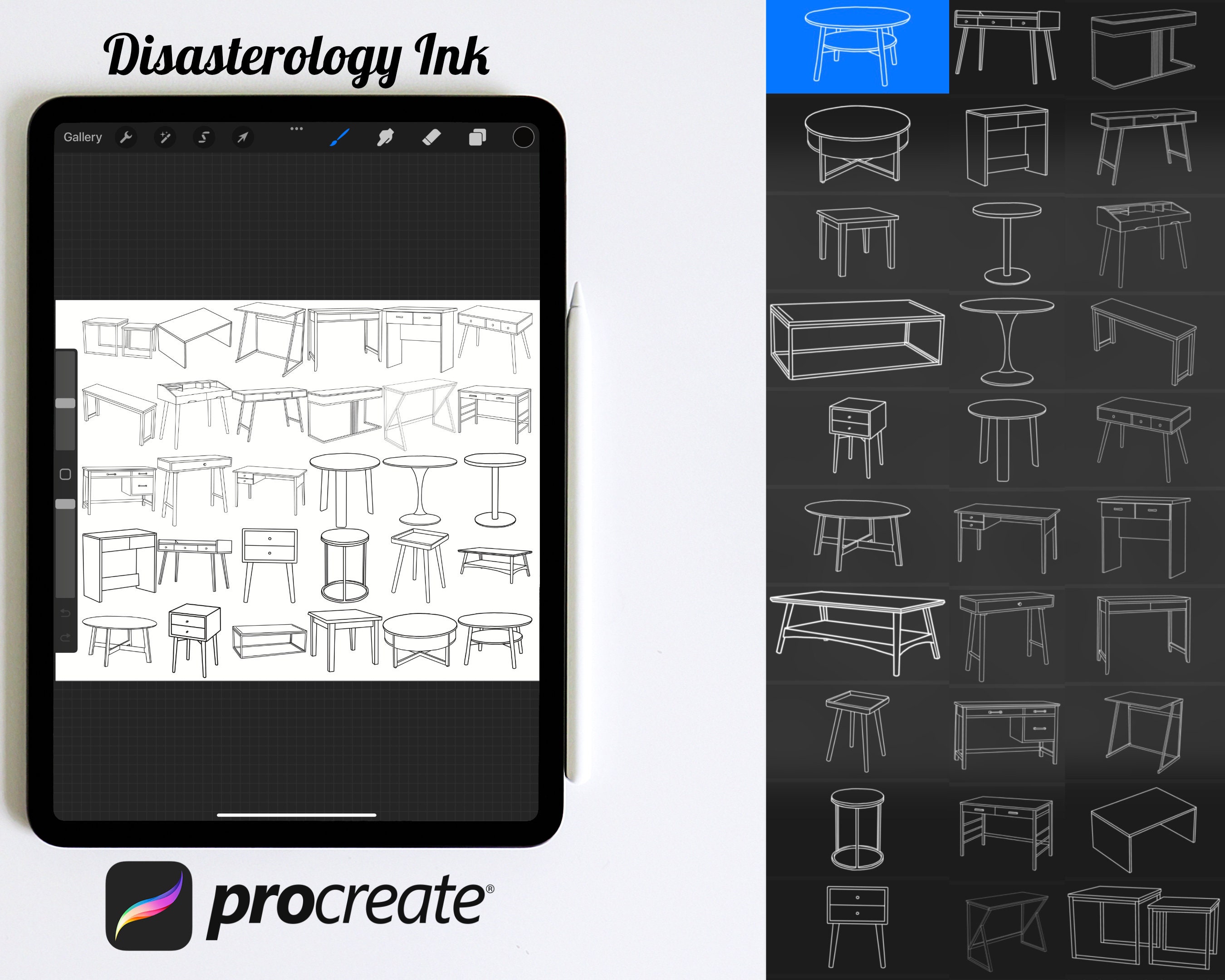 Desks, Tables & Furniture Set 1 Procreate Brush Stamps, 30 Furniture ...