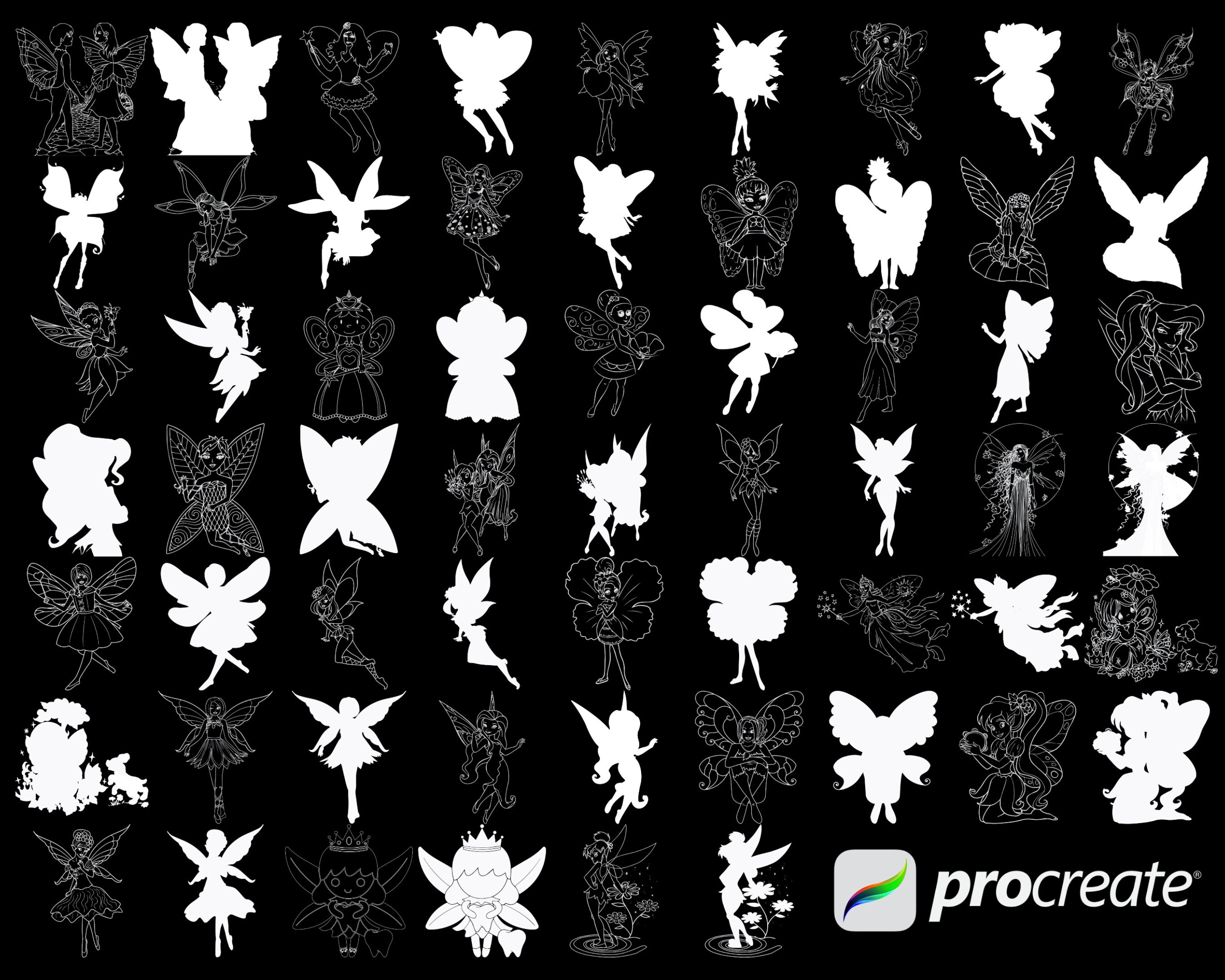 Cartoon Fairy Outlines & Silhouettes Set 2 Procreate Brush - Etsy