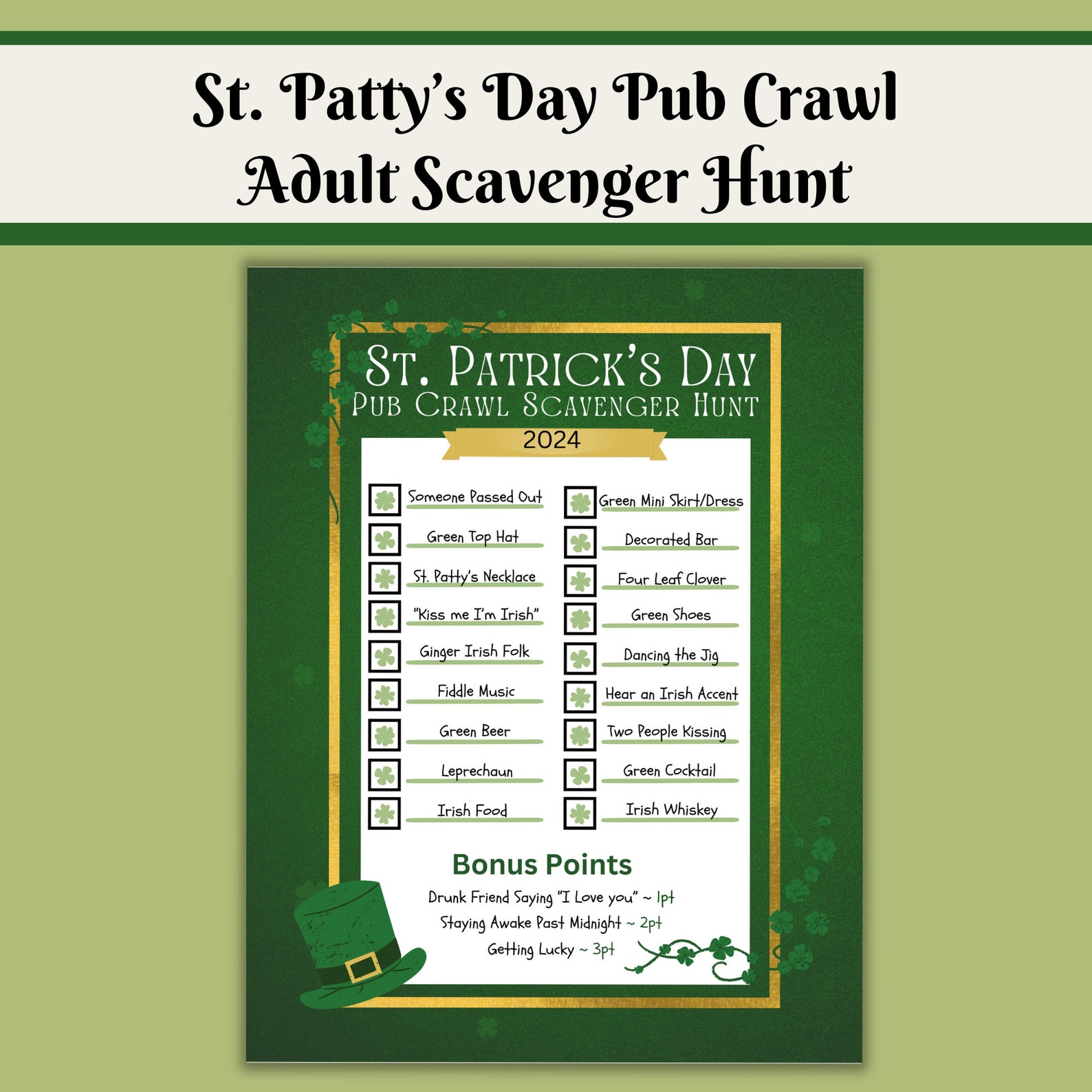 St Patrick's Day Pub Crawl Adult Scavenger Hunt Game Fun Bar Night Out ...