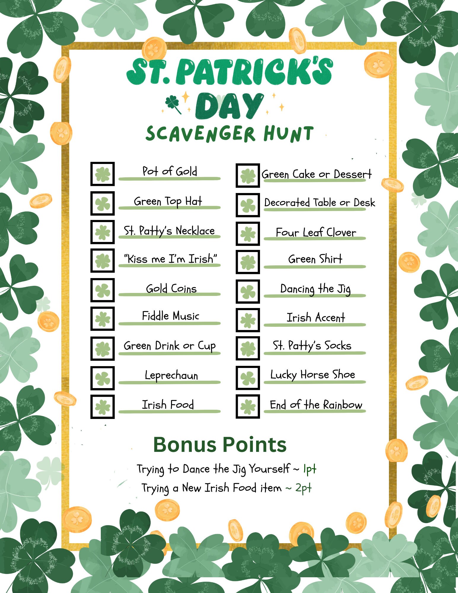 St Patrick's Day Kids Scavenger Hunt Game Fun Classroom Party Activity ...