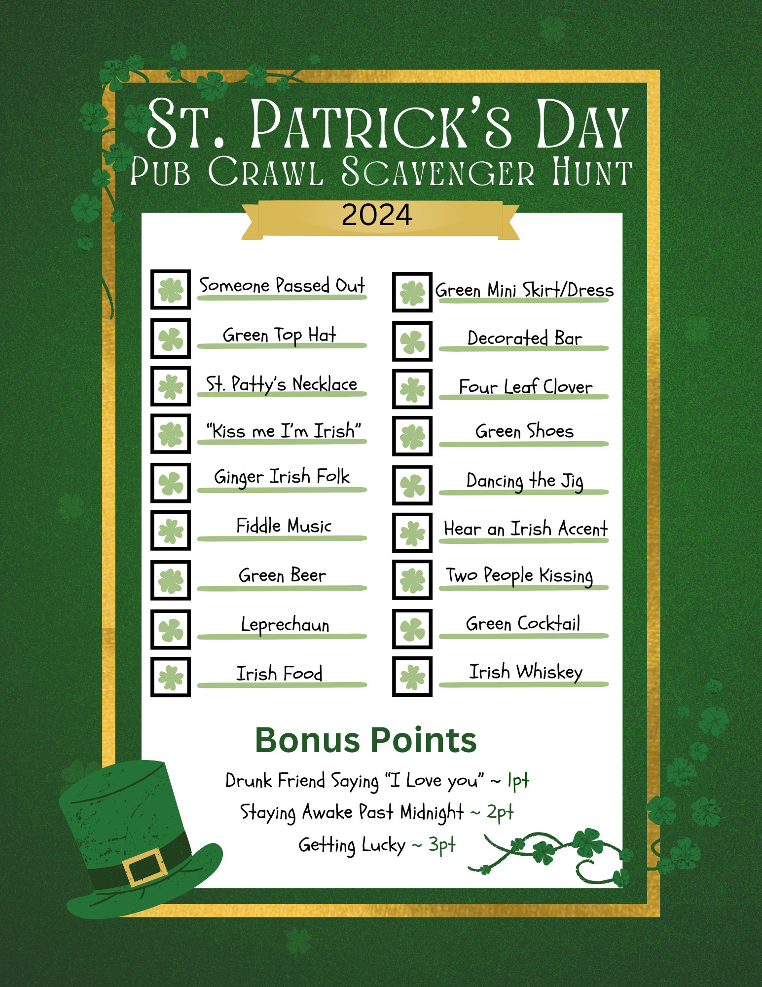 St Patrick's Day Pub Crawl Adult Scavenger Hunt Game Fun Bar Night Out ...