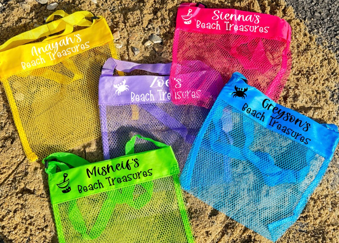 Personalised Beach Treasure Mesh Bag • Kids Shell Collecting Bag ...