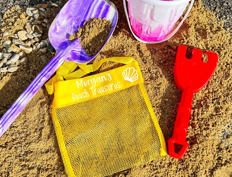 Personalised Beach Treasure Mesh Bag • Kids Shell Collecting Bag ...