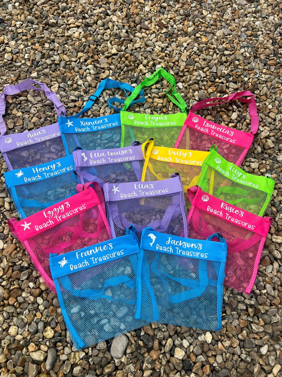 Personalised Beach Treasure Mesh Bag • Kids Shell Collecting Bag ...