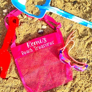 Personalised Beach Treasure Mesh Bag • Kids Shell Collecting Bag ...