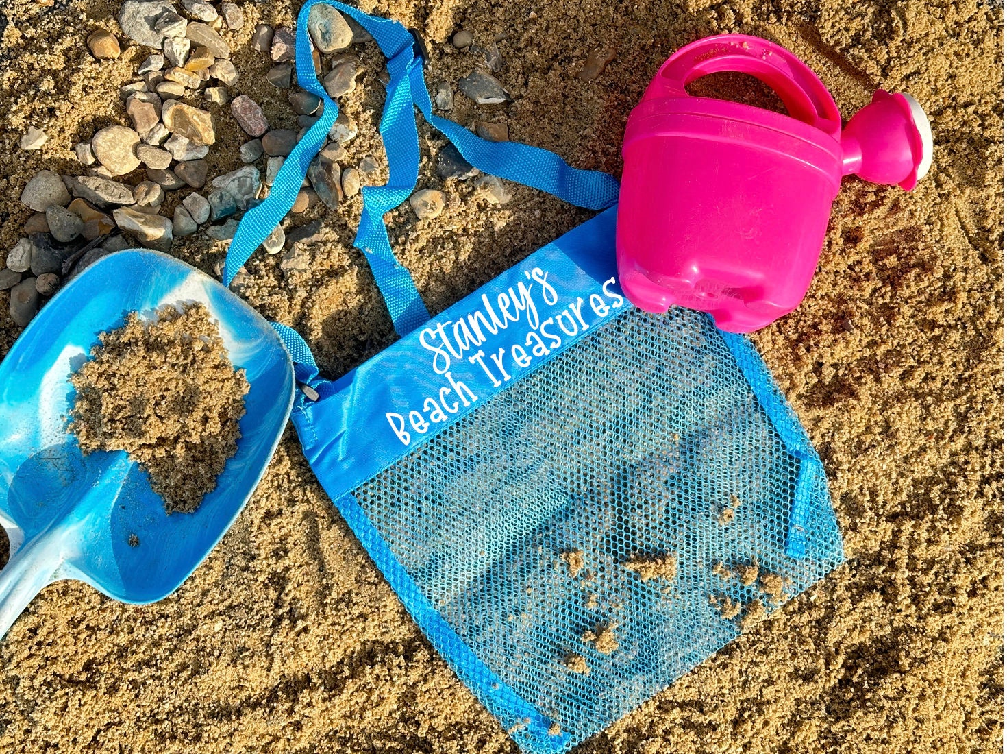 Personalised Beach Treasure Mesh Bag • Kids Shell Collecting Bag ...