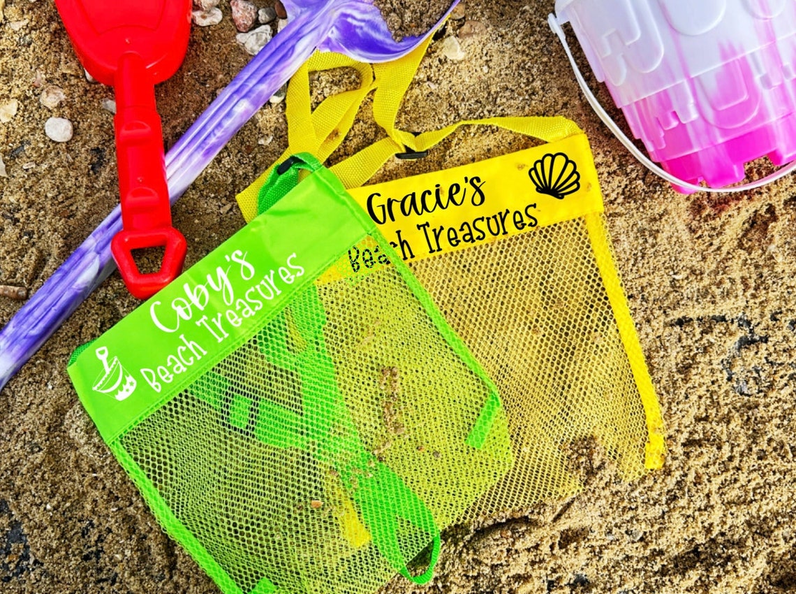 Personalised Beach Treasure Mesh Bag • Kids Shell Collecting Bag ...